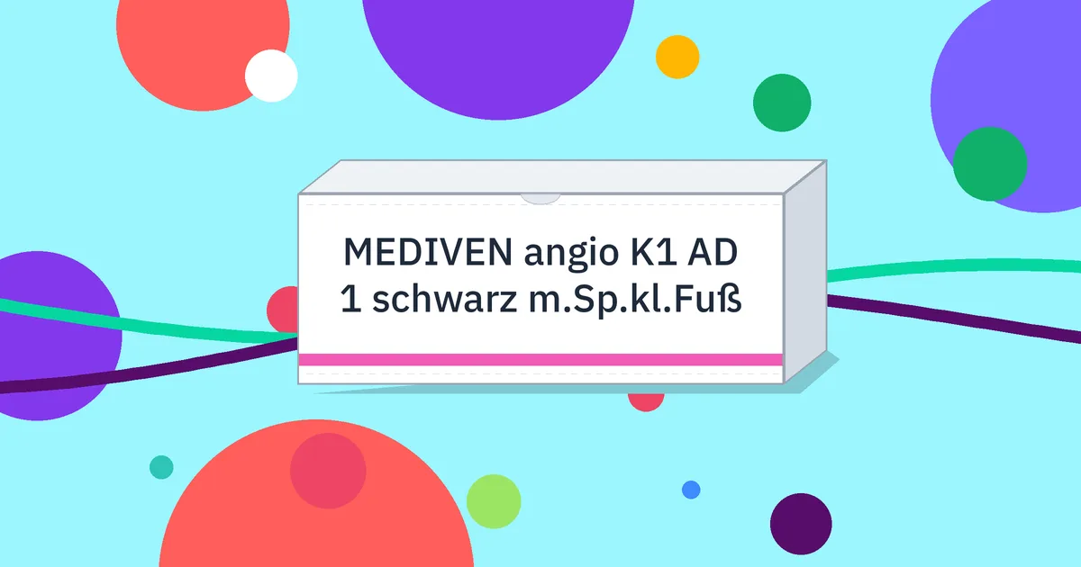 Symbolbild: Packung mit der Aufschrift MEDIVEN angio K1 AD 1 schwarz m.Sp.kl.Fuß (PZN 17210090) – Verfügbarkeit und Bezug in Apotheken in Frankfurt am Main