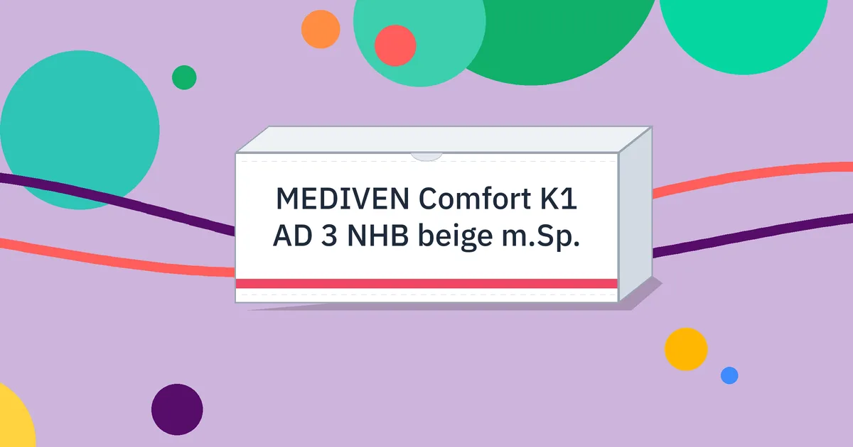 Symbolbild: Packung mit der Aufschrift MEDIVEN Comfort K1 AD 3 NHB beige m.Sp. (PZN 14560719) – Verfügbarkeit und Bezug in Apotheken in Frankfurt am Main
