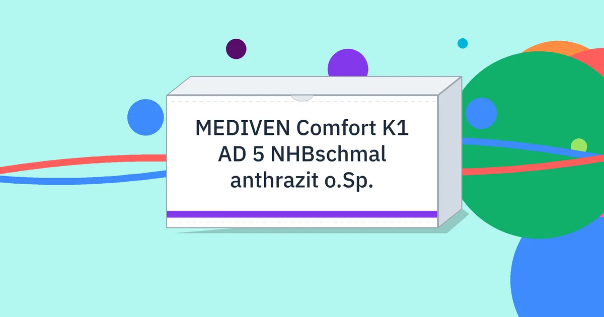 Symbolbild: Packung mit der Aufschrift MEDIVEN Comfort K1 AD 5 NHBschmal anthrazit o.Sp. (PZN 14561162) – Verfügbarkeit und Bezug in Apotheken in Frankfurt am Main