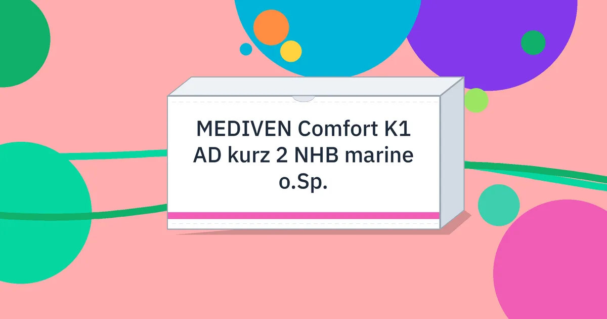 Symbolbild: Packung mit der Aufschrift MEDIVEN Comfort K1 AD kurz 2 NHB marine o.Sp. (PZN 14557031) – Verfügbarkeit und Bezug in Apotheken in Frankfurt am Main