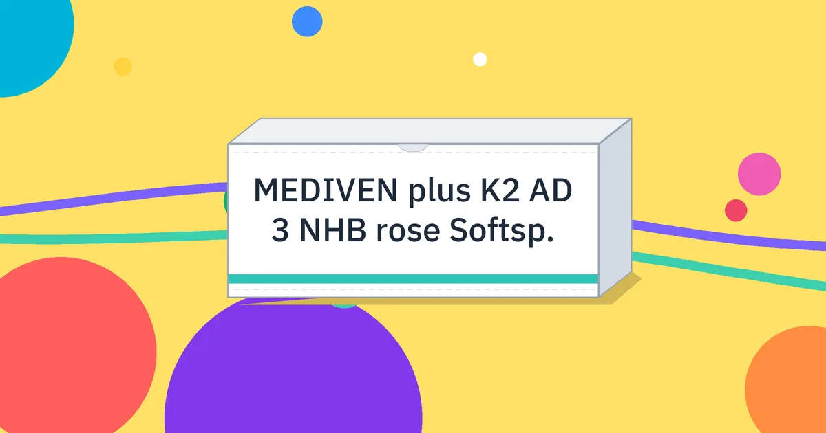 Symbolbild: Packung mit der Aufschrift MEDIVEN plus K2 AD 3 NHB rose Softsp. (PZN 15936641) – Verfügbarkeit und Bezug in Apotheken in Frankfurt am Main