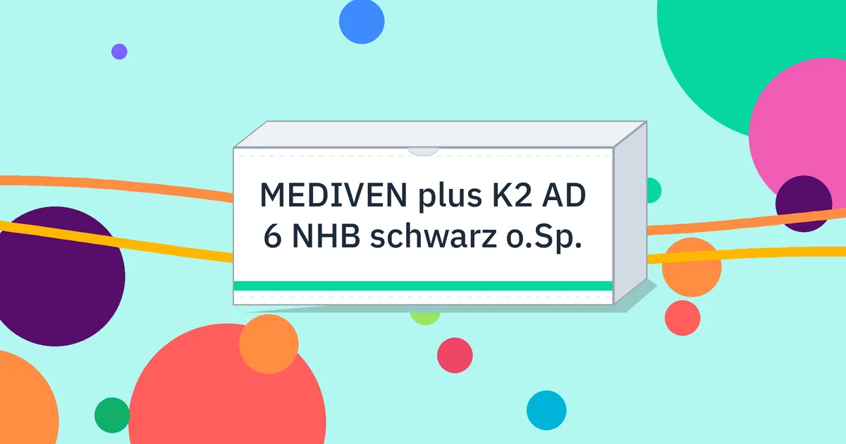 Symbolbild: Packung mit der Aufschrift MEDIVEN plus K2 AD 6 NHB schwarz o.Sp. (PZN 15937675) – Verfügbarkeit und Bezug in Apotheken in Frankfurt am Main