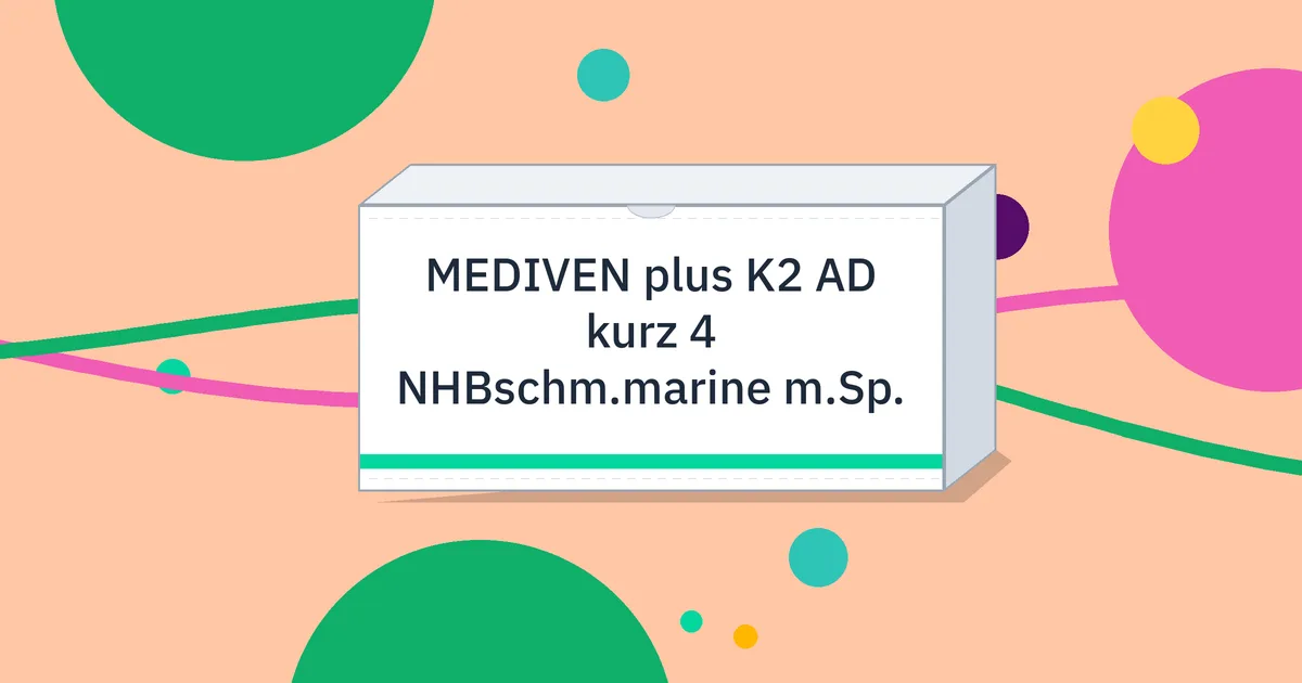 Symbolbild: Packung mit der Aufschrift MEDIVEN plus K2 AD kurz 4 NHBschm.marine m.Sp. (PZN 15927174) – Verfügbarkeit und Bezug in Apotheken in Frankfurt am Main