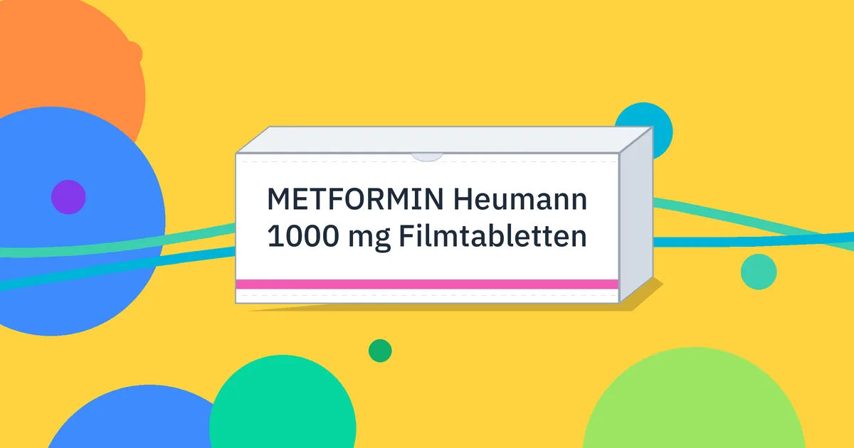 Symbolbild: Packung mit der Aufschrift METFORMIN Heumann 1000 mg Filmtabletten (PZN 18400875) – Verfügbarkeit und Bezug in Apotheken in Frankfurt am Main