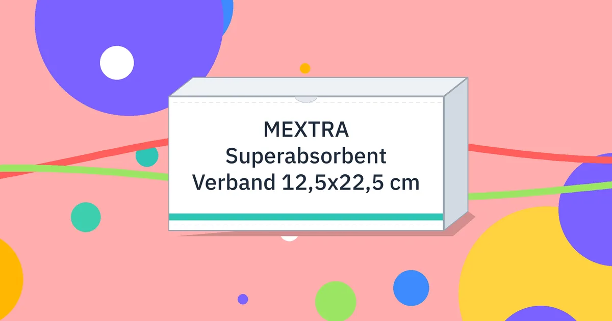 Symbolbild: Packung mit der Aufschrift MEXTRA Superabsorbent Verband 12,5x22,5 cm (PZN 14269935) – Verfügbarkeit und Bezug in Apotheken in Frankfurt am Main