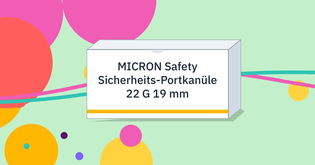 Symbolbild: Packung mit der Aufschrift MICRON Safety Sicherheits-Portkanüle 22 G 19 mm (PZN 19146344) – Verfügbarkeit und Bezug in Apotheken in Frankfurt am Main