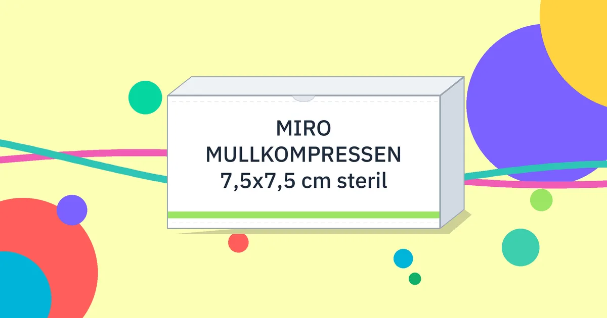 Symbolbild: Packung mit der Aufschrift MIRO MULLKOMPRESSEN 7,5x7,5 cm steril (PZN 01180576) – Verfügbarkeit und Bezug in Apotheken in Frankfurt am Main
