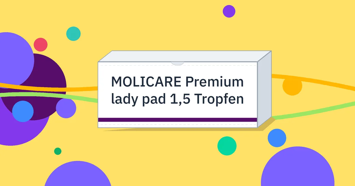 Symbolbild: Packung mit der Aufschrift MOLICARE Premium lady pad 1,5 Tropfen (PZN 15424711) – Verfügbarkeit und Bezug in Apotheken in Frankfurt am Main