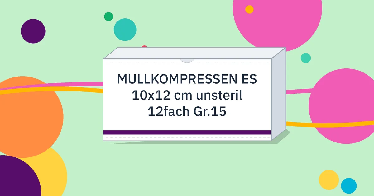 Symbolbild: Packung mit der Aufschrift MULLKOMPRESSEN ES 10x12 cm unsteril 12fach Gr.15 (PZN 04094624) – Verfügbarkeit und Bezug in Apotheken in Frankfurt am Main