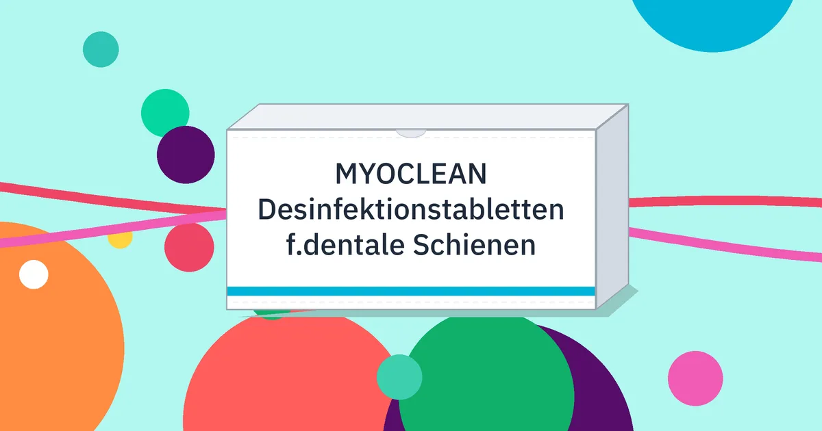 Symbolbild: Packung mit der Aufschrift MYOCLEAN Desinfektionstabletten f.dentale Schienen (PZN 13889989) – Verfügbarkeit und Bezug in Apotheken in Frankfurt am Main