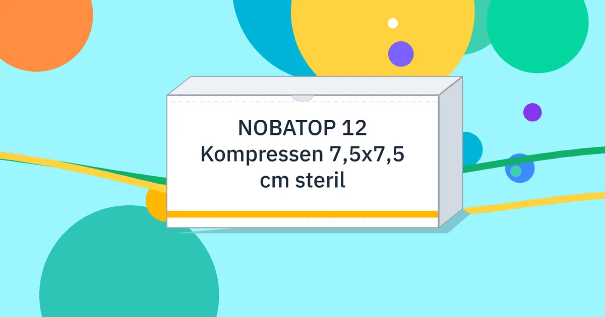 Symbolbild: Packung mit der Aufschrift NOBATOP 12 Kompressen 7,5x7,5 cm steril (PZN 07385664) – Verfügbarkeit und Bezug in Apotheken in Frankfurt am Main