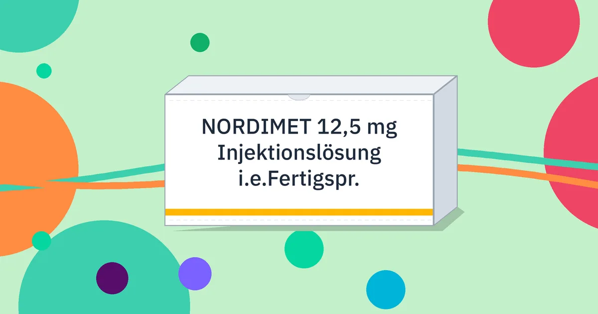 Symbolbild: Packung mit der Aufschrift NORDIMET 12,5 mg Injektionslösung i.e.Fertigspr. (PZN 15264791) – Verfügbarkeit und Bezug in Apotheken in Frankfurt am Main