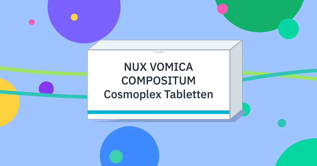 Symbolbild: Packung mit der Aufschrift NUX VOMICA COMPOSITUM Cosmoplex Tabletten (PZN 04329010) – Verfügbarkeit und Bezug in Apotheken in Frankfurt am Main