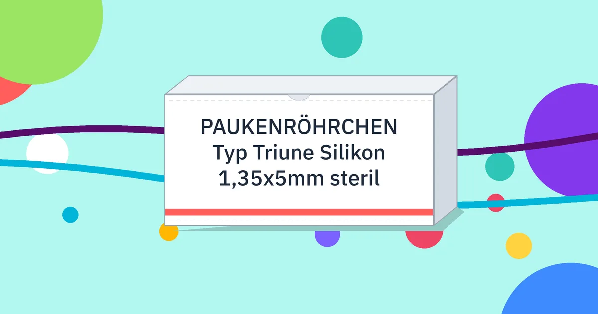 Symbolbild: Packung mit der Aufschrift PAUKENRÖHRCHEN Typ Triune Silikon 1,35x5mm steril (PZN 18668106) – Verfügbarkeit und Bezug in Apotheken in Frankfurt am Main