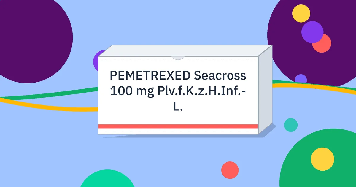 Symbolbild: Packung mit der Aufschrift PEMETREXED Seacross 100 mg Plv.f.K.z.H.Inf.-L. (PZN 16836479) – Verfügbarkeit und Bezug in Apotheken in Frankfurt am Main