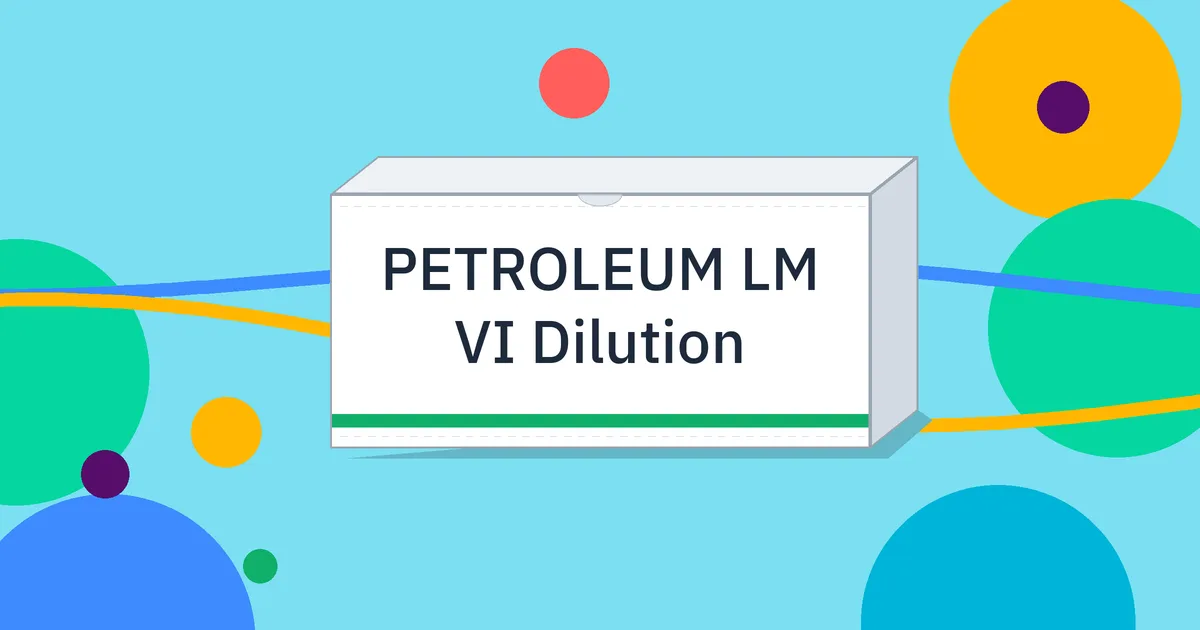 Symbolbild: Packung mit der Aufschrift PETROLEUM LM VI Dilution (PZN 02821528) – Verfügbarkeit und Bezug in Apotheken in Frankfurt am Main
