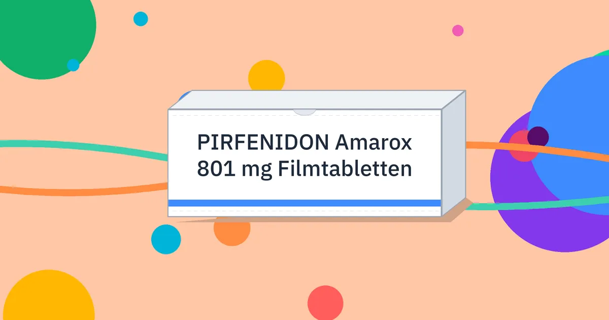 Symbolbild: Packung mit der Aufschrift PIRFENIDON Amarox 801 mg Filmtabletten (PZN 18768026) – Verfügbarkeit und Bezug in Apotheken in Frankfurt am Main