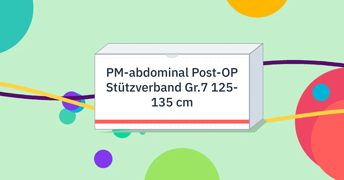 Symbolbild: Packung mit der Aufschrift PM-abdominal Post-OP Stützverband Gr.7 125-135 cm (PZN 18846186) – Verfügbarkeit und Bezug in Apotheken in Frankfurt am Main