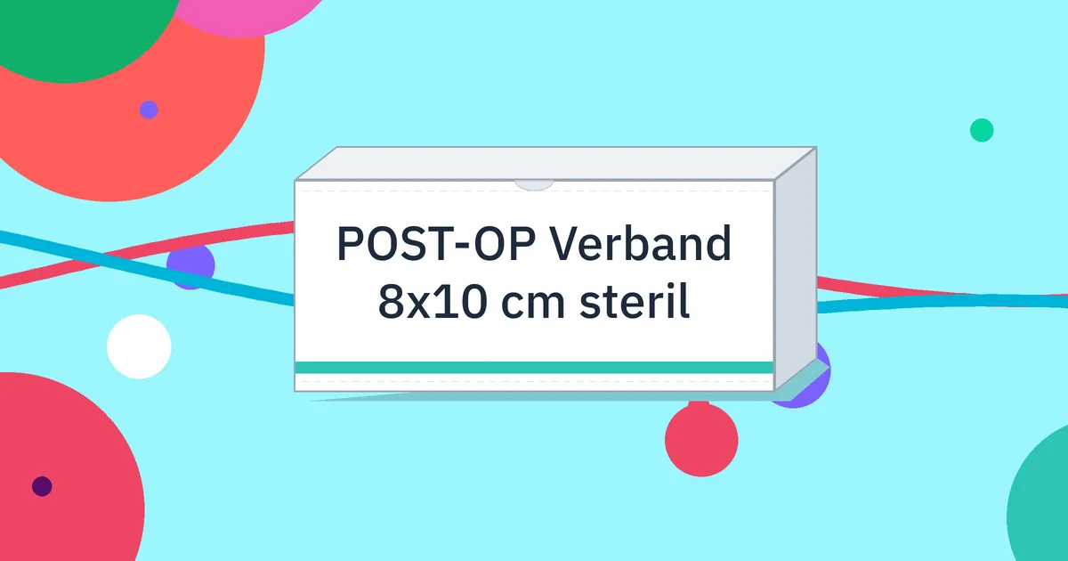 Symbolbild: Packung mit der Aufschrift POST-OP Verband 8x10 cm steril (PZN 17562274) – Verfügbarkeit und Bezug in Apotheken in Frankfurt am Main