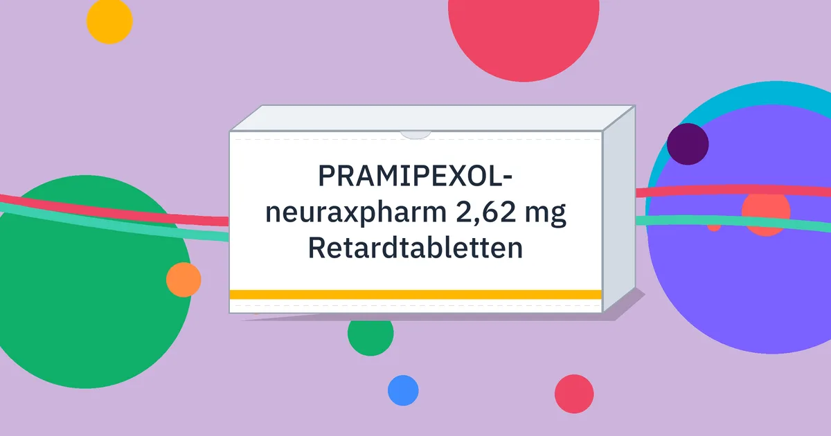 Symbolbild: Packung mit der Aufschrift PRAMIPEXOL-neuraxpharm 2,62 mg Retardtabletten (PZN 12420026) – Verfügbarkeit und Bezug in Apotheken in Frankfurt am Main