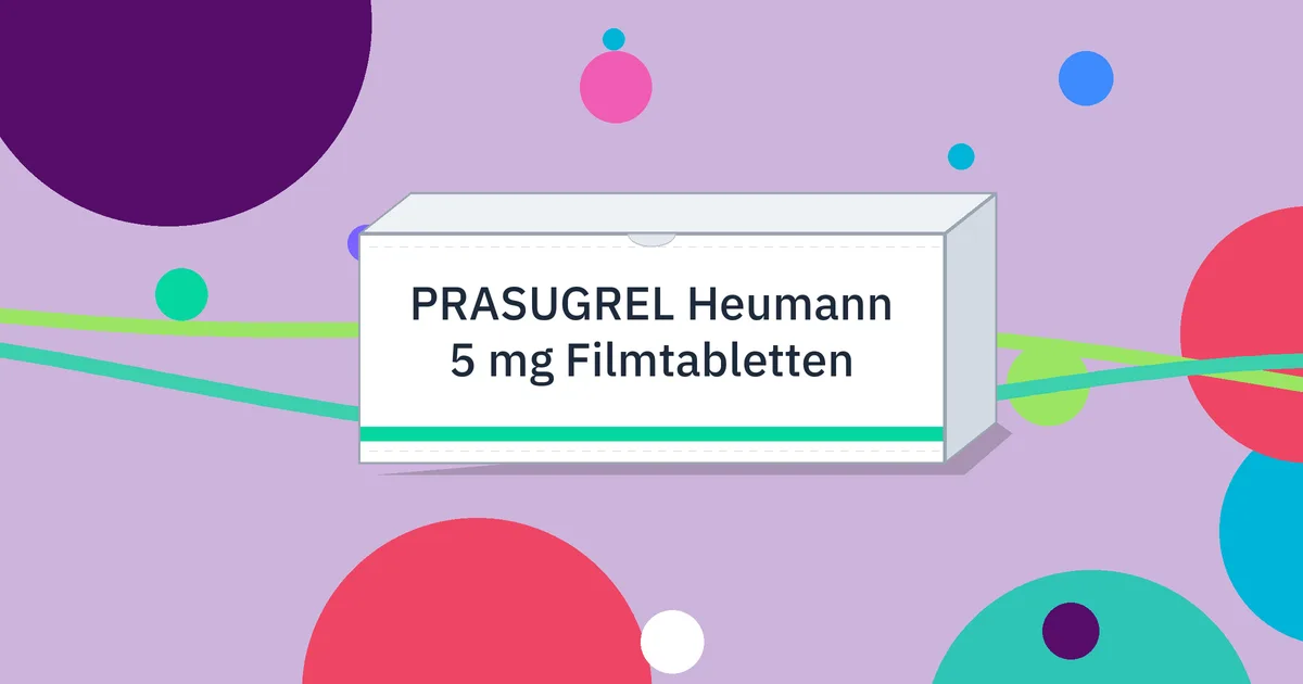 Symbolbild: Packung mit der Aufschrift PRASUGREL Heumann 5 mg Filmtabletten (PZN 13706428) – Verfügbarkeit und Bezug in Apotheken in Frankfurt am Main