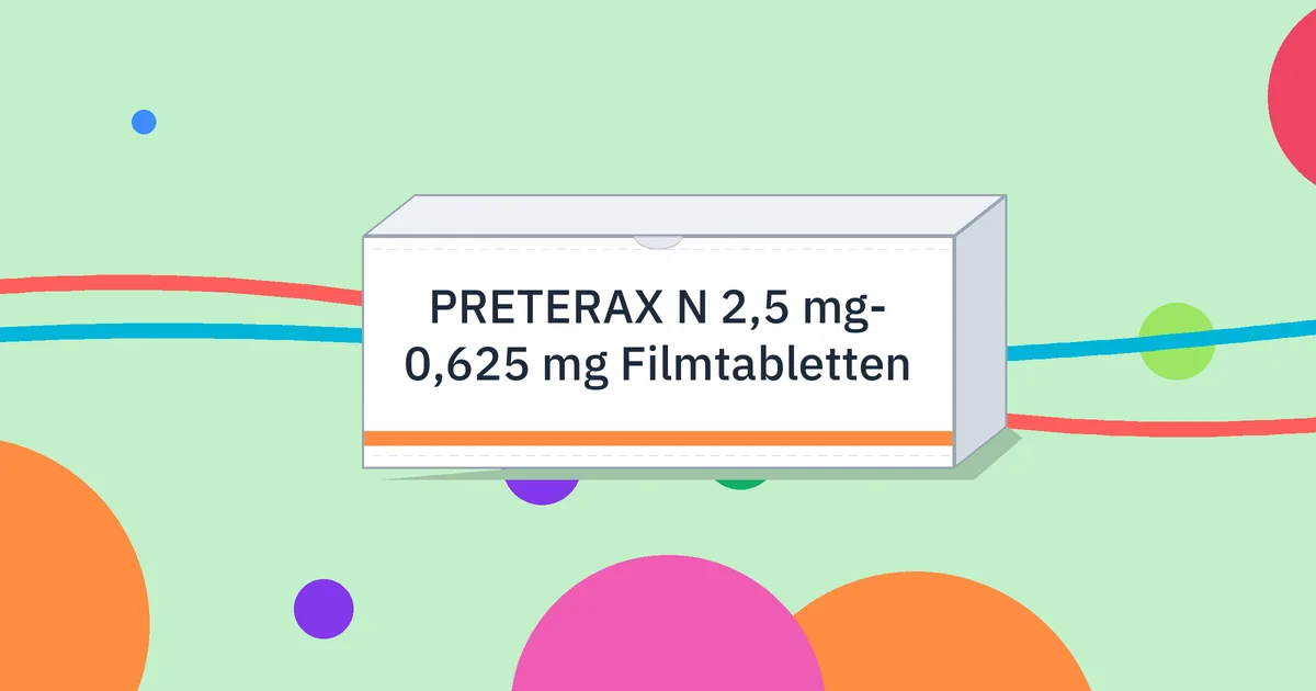 Symbolbild: Packung mit der Aufschrift PRETERAX N 2,5 mg-0,625 mg Filmtabletten (PZN 17184702) – Verfügbarkeit und Bezug in Apotheken in Frankfurt am Main