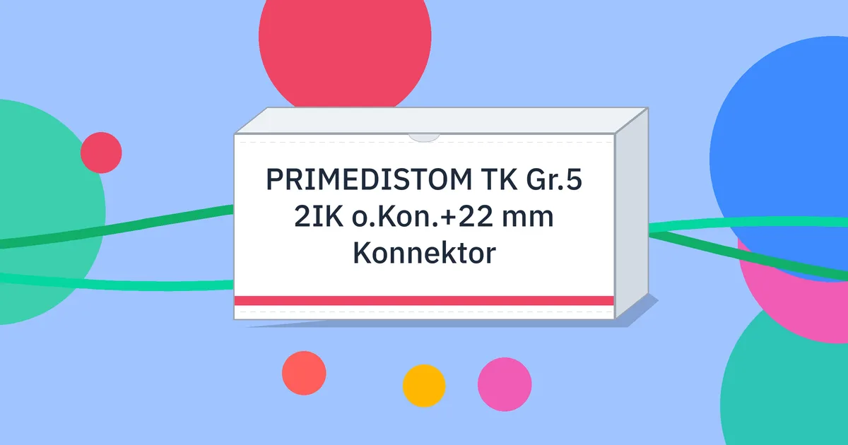Symbolbild: Packung mit der Aufschrift PRIMEDISTOM TK Gr.5 2IK o.Kon.+22 mm Konnektor (PZN 10229844) – Verfügbarkeit und Bezug in Apotheken in Frankfurt am Main