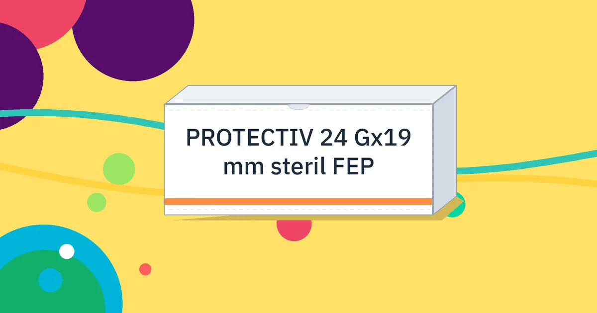 Symbolbild: Packung mit der Aufschrift PROTECTIV 24 Gx19 mm steril FEP (PZN 09104379) – Verfügbarkeit und Bezug in Apotheken in Frankfurt am Main