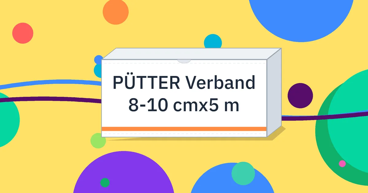 Symbolbild: Packung mit der Aufschrift PÜTTER Verband 8-10 cmx5 m (PZN 18734286) – Verfügbarkeit und Bezug in Apotheken in Frankfurt am Main