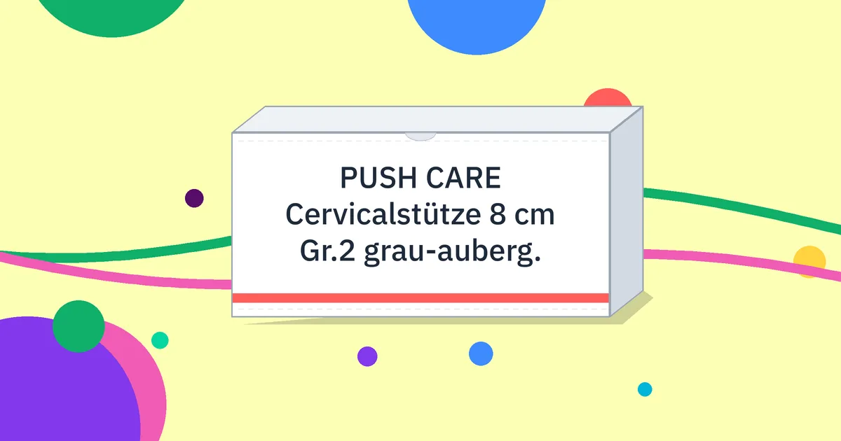 Symbolbild: Packung mit der Aufschrift PUSH CARE Cervicalstütze 8 cm Gr.2 grau-auberg. (PZN 04859446) – Verfügbarkeit und Bezug in Apotheken in Frankfurt am Main