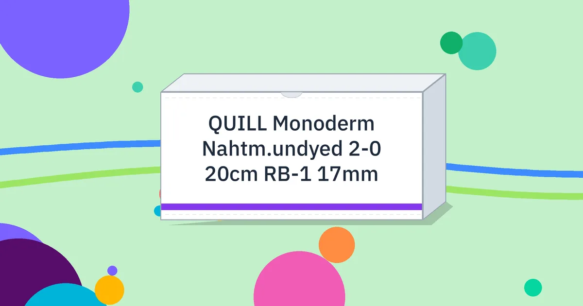 Symbolbild: Packung mit der Aufschrift QUILL Monoderm Nahtm.undyed 2-0 20cm RB-1 17mm (PZN 17987737) – Verfügbarkeit und Bezug in Apotheken in Frankfurt am Main
