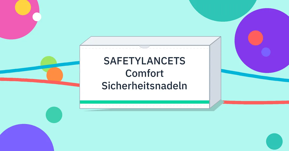 Symbolbild: Packung mit der Aufschrift SAFETYLANCETS Comfort Sicherheitsnadeln (PZN 15372167) – Verfügbarkeit und Bezug in Apotheken in Frankfurt am Main