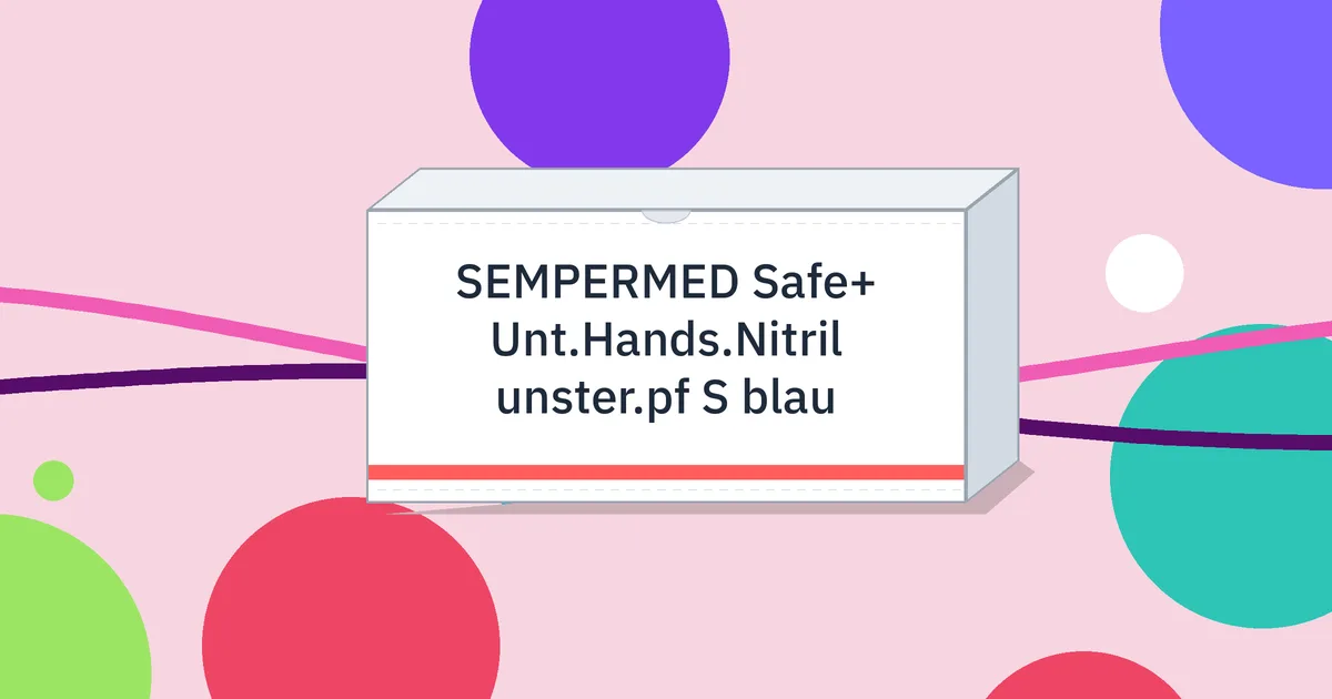 Symbolbild: Packung mit der Aufschrift SEMPERMED Safe+ Unt.Hands.Nitril unster.pf S blau (PZN 20893744) – Verfügbarkeit und Bezug in Apotheken in Frankfurt am Main