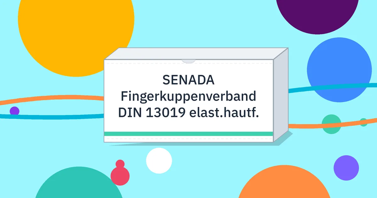 Symbolbild: Packung mit der Aufschrift SENADA Fingerkuppenverband DIN 13019 elast.hautf. (PZN 15195587) – Verfügbarkeit und Bezug in Apotheken in Frankfurt am Main