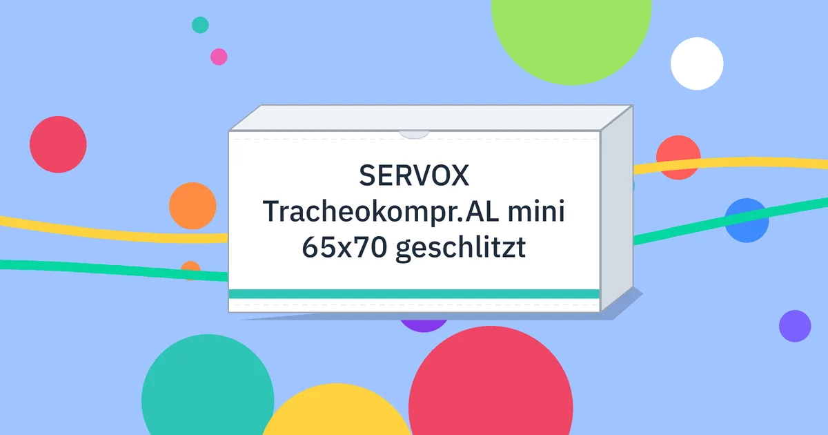 Symbolbild: Packung mit der Aufschrift SERVOX Tracheokompr.AL mini 65x70 geschlitzt (PZN 08469529) – Verfügbarkeit und Bezug in Apotheken in Frankfurt am Main