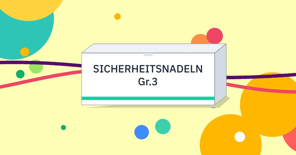 Symbolbild: Packung mit der Aufschrift SICHERHEITSNADELN Gr.3 (PZN 01736335) – Verfügbarkeit und Bezug in Apotheken in Frankfurt am Main