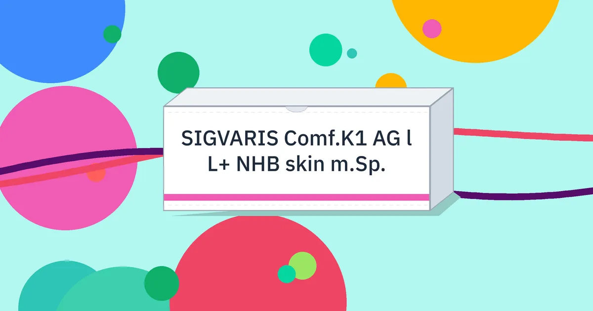 Symbolbild: Packung mit der Aufschrift SIGVARIS Comf.K1 AG l L+ NHB skin m.Sp. (PZN 17098546) – Verfügbarkeit und Bezug in Apotheken in Frankfurt am Main