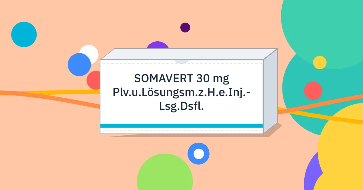 Symbolbild: Packung mit der Aufschrift SOMAVERT 30 mg Plv.u.Lösungsm.z.H.e.Inj.-Lsg.Dsfl. (PZN 13168994) – Verfügbarkeit und Bezug in Apotheken in Frankfurt am Main