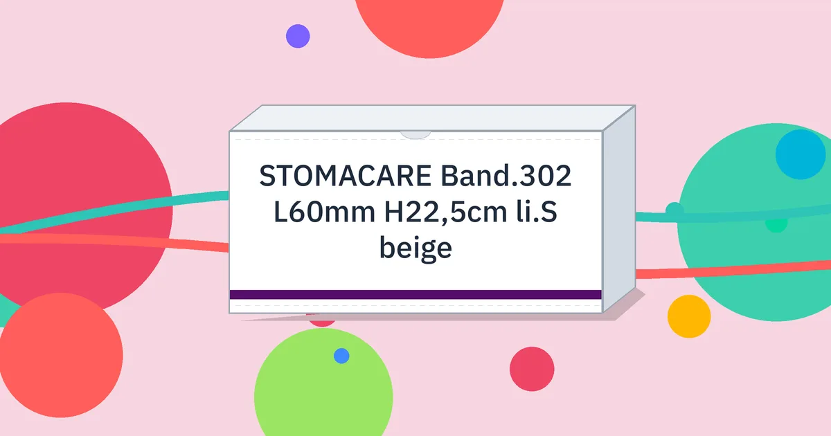 Symbolbild: Packung mit der Aufschrift STOMACARE Band.302 L60mm H22,5cm li.S beige (PZN 10840020) – Verfügbarkeit und Bezug in Apotheken in Frankfurt am Main