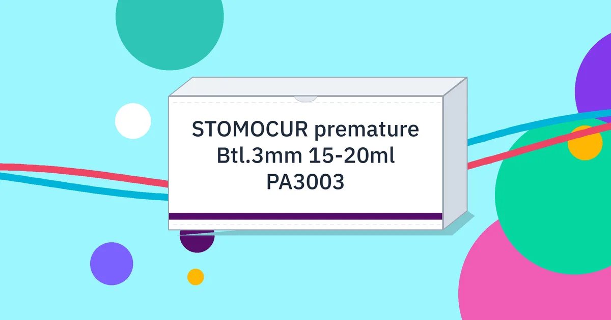 Symbolbild: Packung mit der Aufschrift STOMOCUR premature Btl.3mm 15-20ml PA3003 (PZN 20322869) – Verfügbarkeit und Bezug in Apotheken in Frankfurt am Main