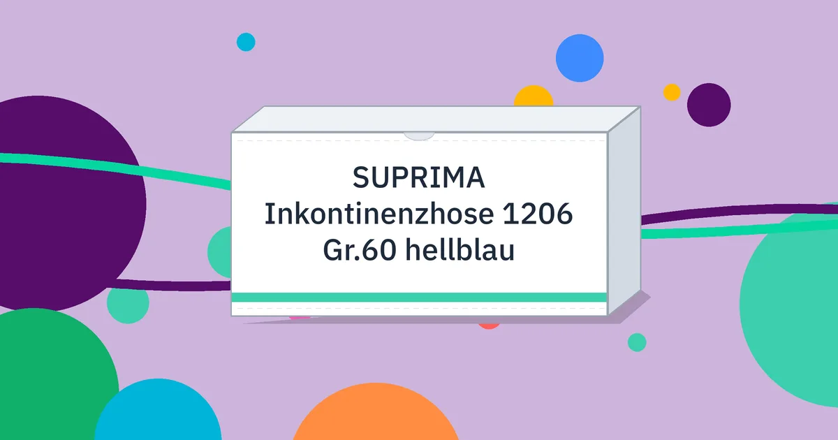 Symbolbild: Packung mit der Aufschrift SUPRIMA Inkontinenzhose 1206 Gr.60 hellblau (PZN 03021942) – Verfügbarkeit und Bezug in Apotheken in Frankfurt am Main
