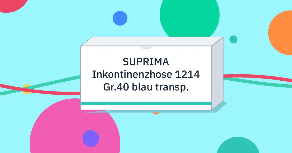 Symbolbild: Packung mit der Aufschrift SUPRIMA Inkontinenzhose 1214 Gr.40 blau transp. (PZN 02852693) – Verfügbarkeit und Bezug in Apotheken in Frankfurt am Main