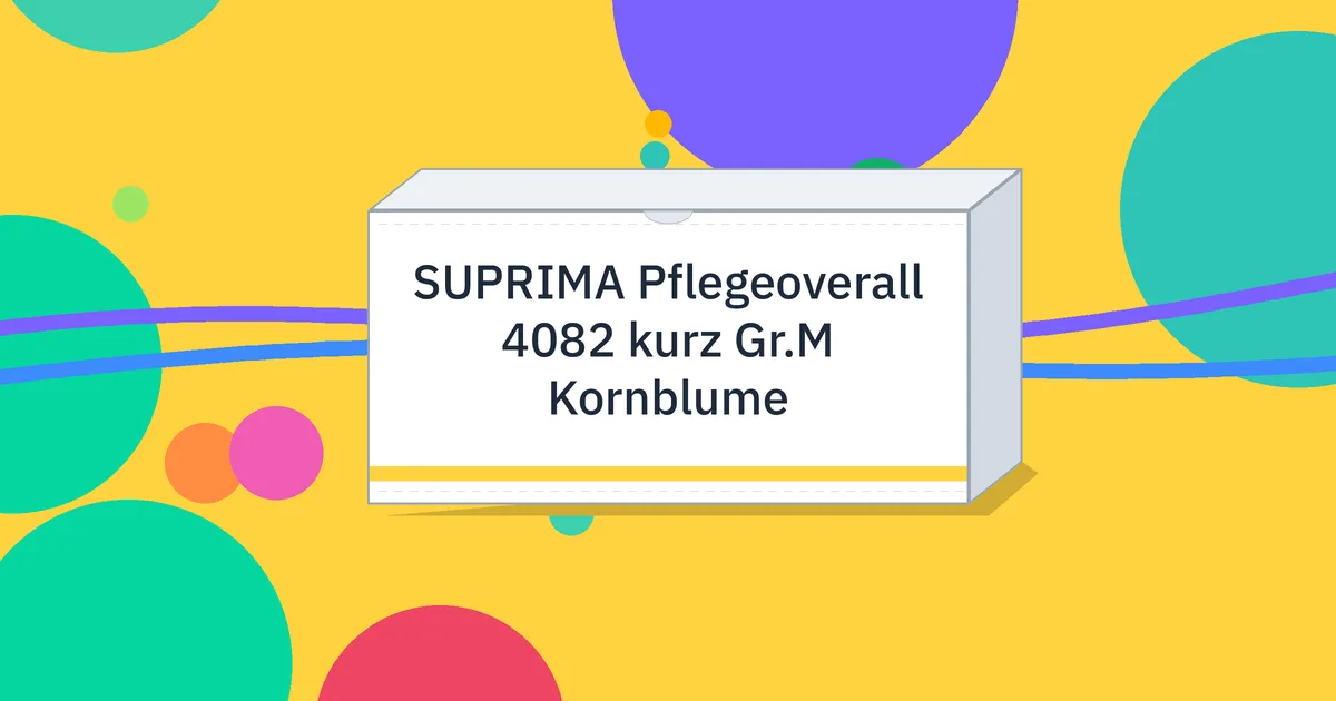 Symbolbild: Packung mit der Aufschrift SUPRIMA Pflegeoverall 4082 kurz Gr.M Kornblume (PZN 11659831) – Verfügbarkeit und Bezug in Apotheken in Frankfurt am Main