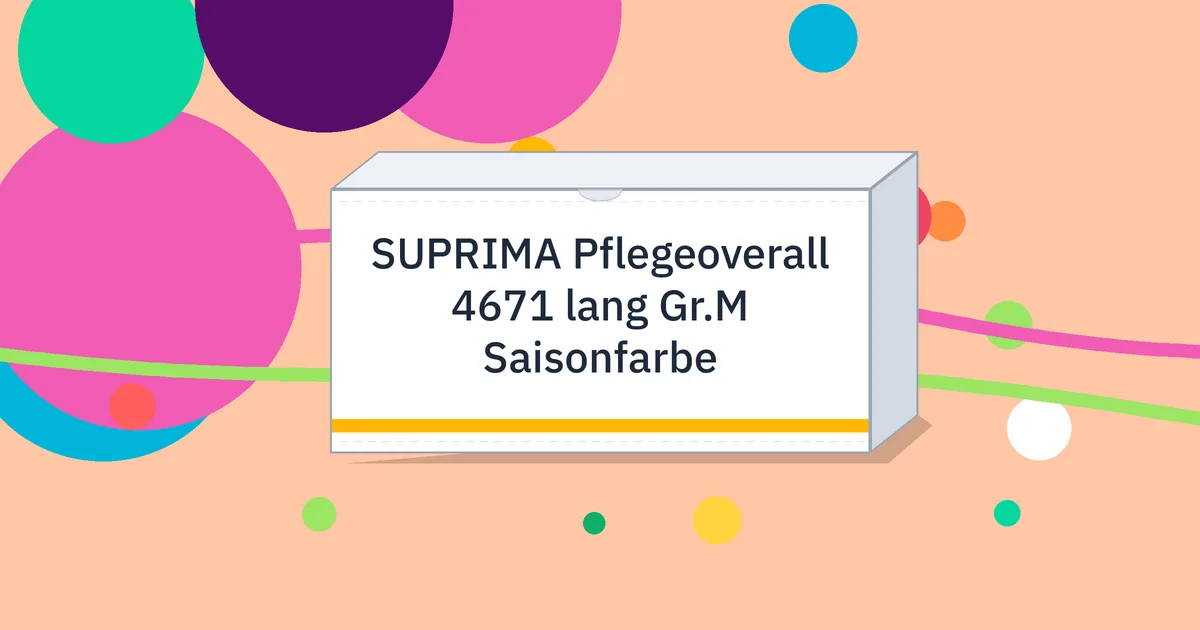 Symbolbild: Packung mit der Aufschrift SUPRIMA Pflegeoverall 4671 lang Gr.M Saisonfarbe (PZN 11659972) – Verfügbarkeit und Bezug in Apotheken in Frankfurt am Main
