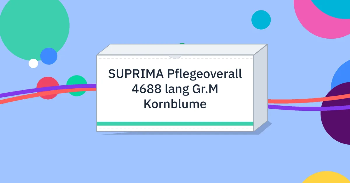 Symbolbild: Packung mit der Aufschrift SUPRIMA Pflegeoverall 4688 lang Gr.M Kornblume (PZN 11660165) – Verfügbarkeit und Bezug in Apotheken in Frankfurt am Main