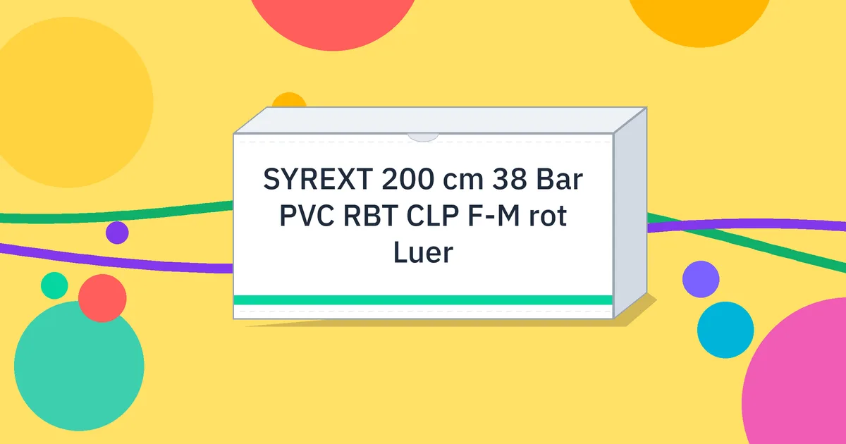 Symbolbild: Packung mit der Aufschrift SYREXT 200 cm 38 Bar PVC RBT CLP F-M rot Luer (PZN 17897974) – Verfügbarkeit und Bezug in Apotheken in Frankfurt am Main
