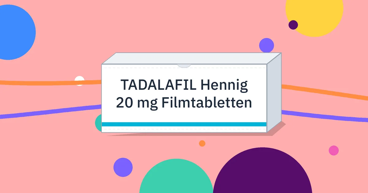Symbolbild: Packung mit der Aufschrift TADALAFIL Hennig 20 mg Filmtabletten (PZN 12897774) – Verfügbarkeit und Bezug in Apotheken in Frankfurt am Main