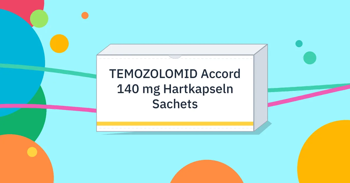 Symbolbild: Packung mit der Aufschrift TEMOZOLOMID Accord 140 mg Hartkapseln Sachets (PZN 16673161) – Verfügbarkeit und Bezug in Apotheken in Frankfurt am Main