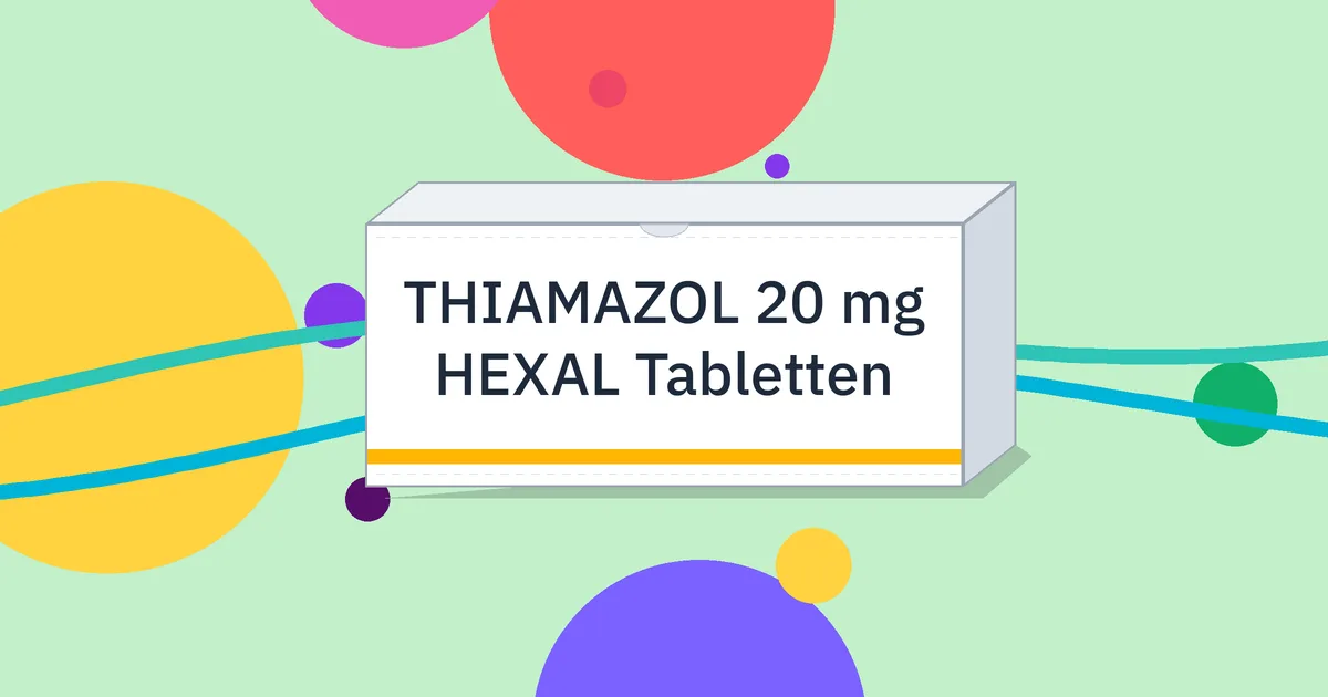 Symbolbild: Packung mit der Aufschrift THIAMAZOL 20 mg HEXAL Tabletten (PZN 01680735) – Verfügbarkeit und Bezug in Apotheken in Frankfurt am Main