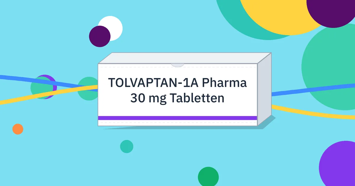 Symbolbild: Packung mit der Aufschrift TOLVAPTAN-1A Pharma 30 mg Tabletten (PZN 19100891) – Verfügbarkeit und Bezug in Apotheken in Frankfurt am Main